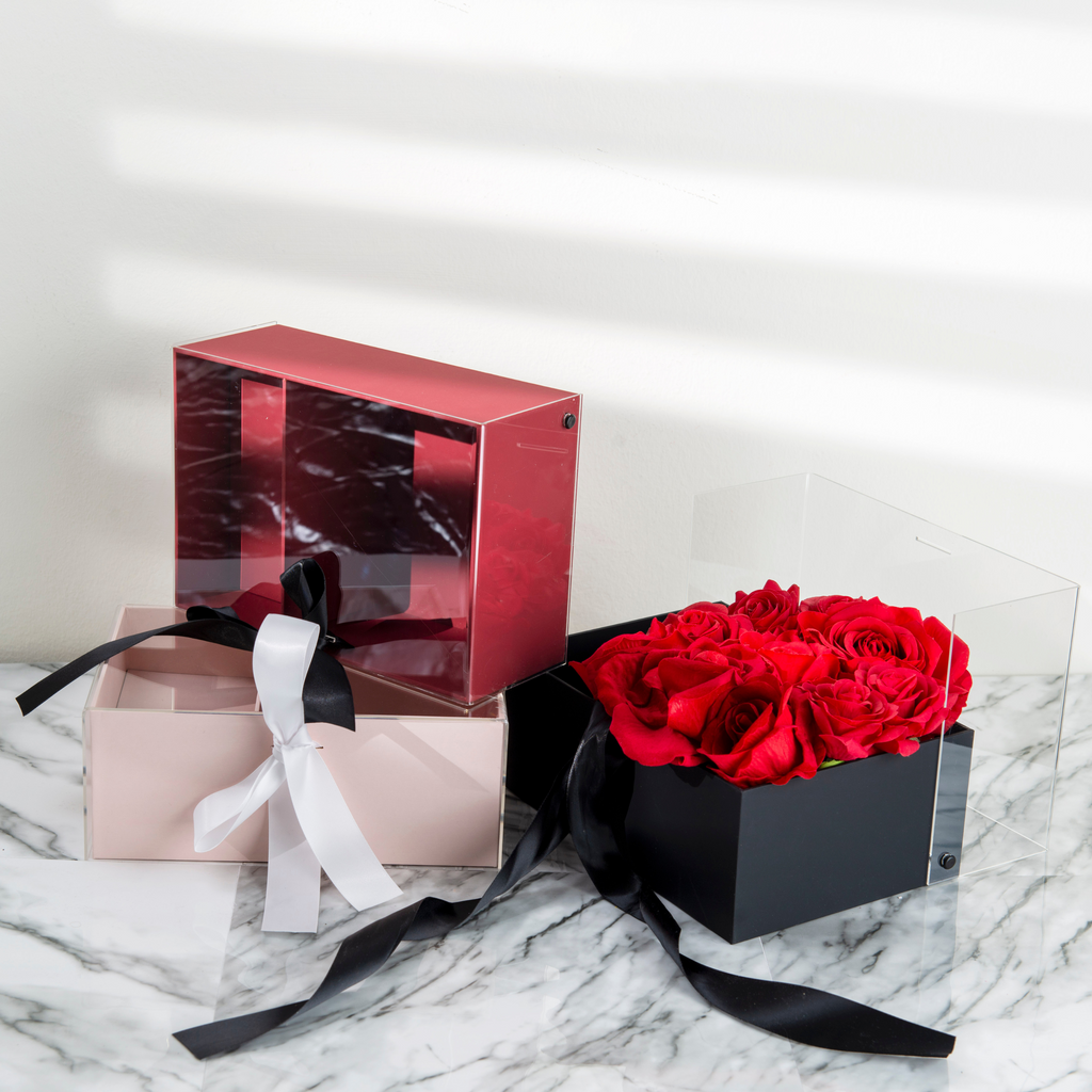 Luxury Acrylic Top Flower Box With Ribbon| Clear Lid Box| Two drawer b ...