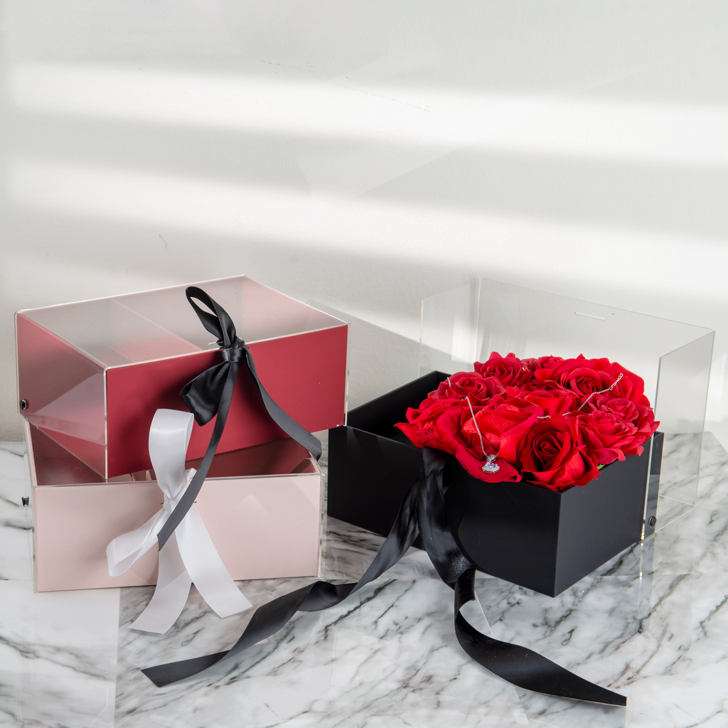 Luxury Acrylic Top Flower Box With Ribbon| Clear Lid Box| Two drawer b ...